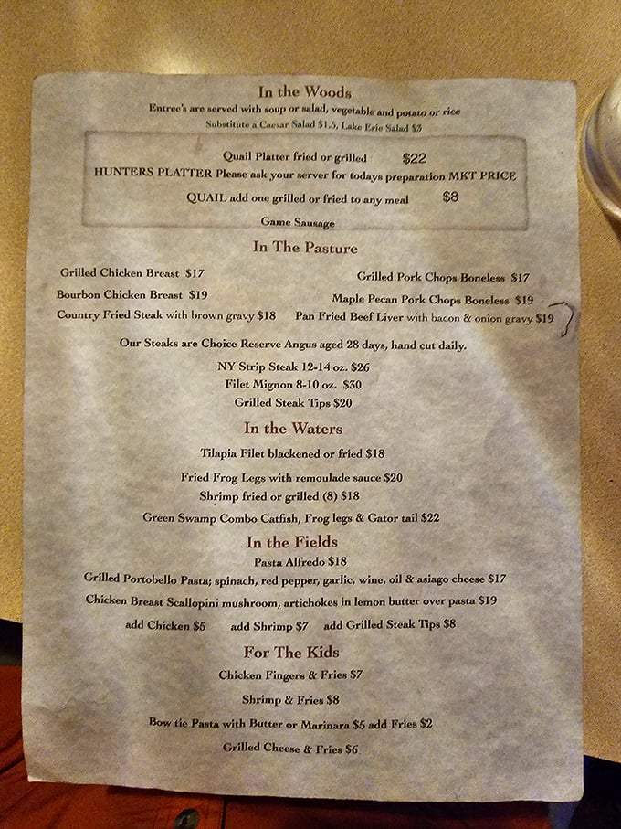 This menu reads like a love letter to Florida's wild bounty &ndash; from pasture to woods to waters, each section promises a different delicious adventure.