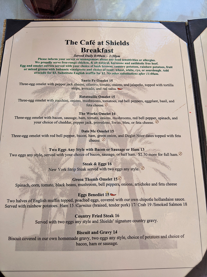 Breakfast options that make decision-making deliciously difficult. The "Date Me Omelet" proves dates aren't just for dessert in this culinary oasis.