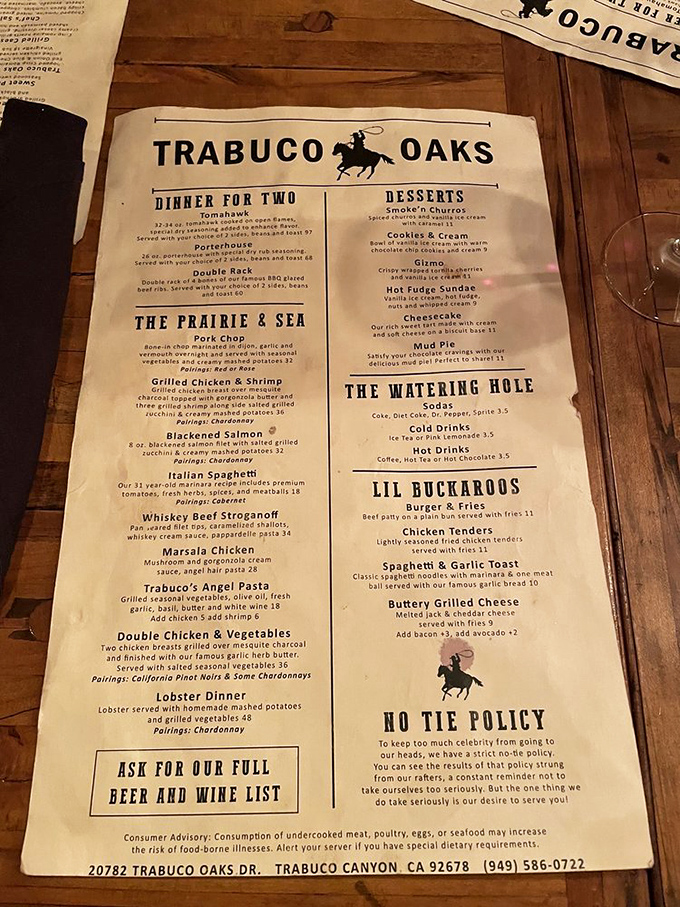 The menu reads like a carnivore's love letter, promising culinary adventures worth the canyon drive.