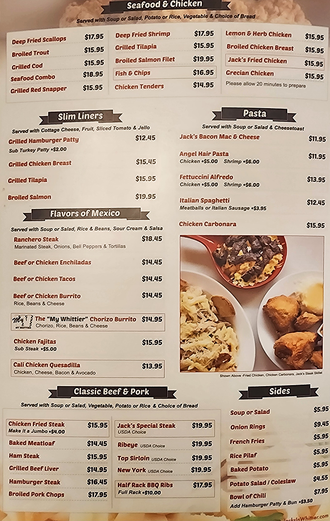 A menu that reads like comfort food poetry. No molecular gastronomy here, just honest classics that remind you why some recipes never need updating.