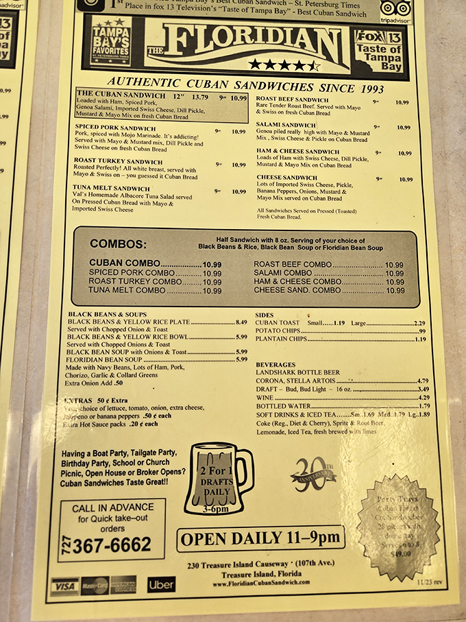 A menu that doesn't need fancy fonts or flowery descriptions&mdash;just the honest promise of authentic Cuban sandwiches that have kept locals coming back since 1993.