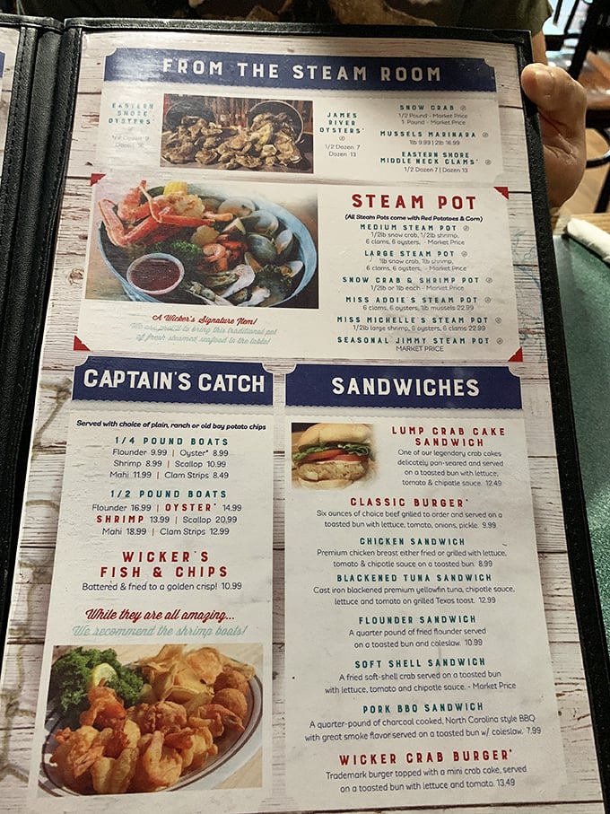 The menu reads like a love letter to the Chesapeake Bay. Each description promises oceanic delights that make decision-making deliciously difficult.