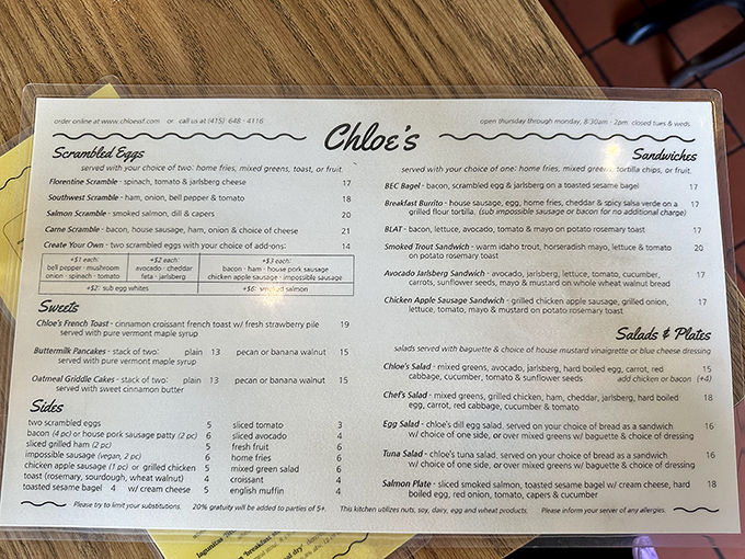 The menu reads like a love letter to breakfast classics, with that legendary cinnamon custard French toast stealing the spotlight like Pacino in any movie.