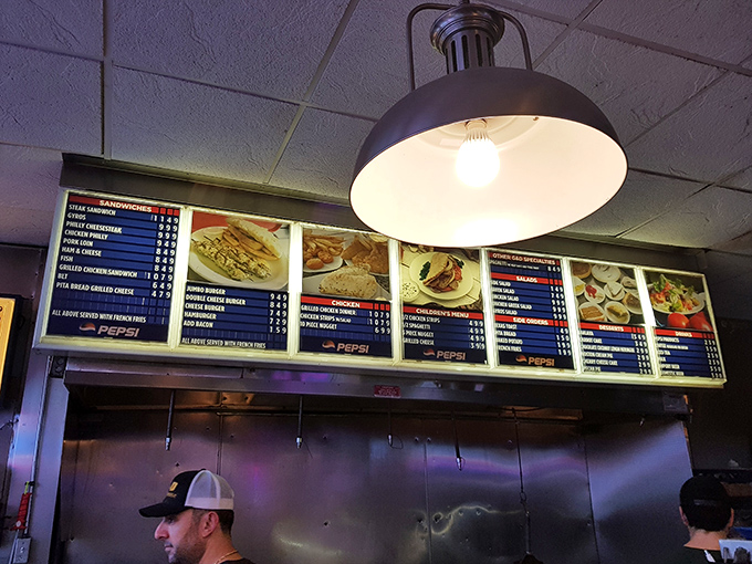 The menu board tells the whole story &ndash; straightforward American classics with Greek influences, no fancy descriptions needed. Just good food at honest prices.