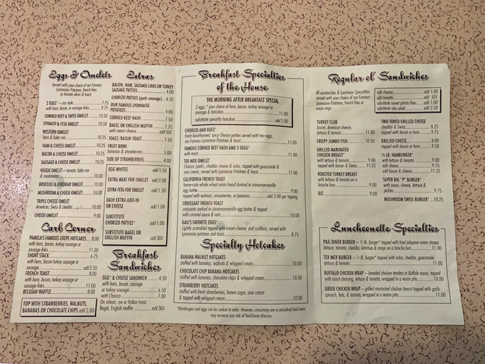 This menu isn't just a list of food – it's a roadmap to happiness with "Specialty Hotcakes" as the clear destination.