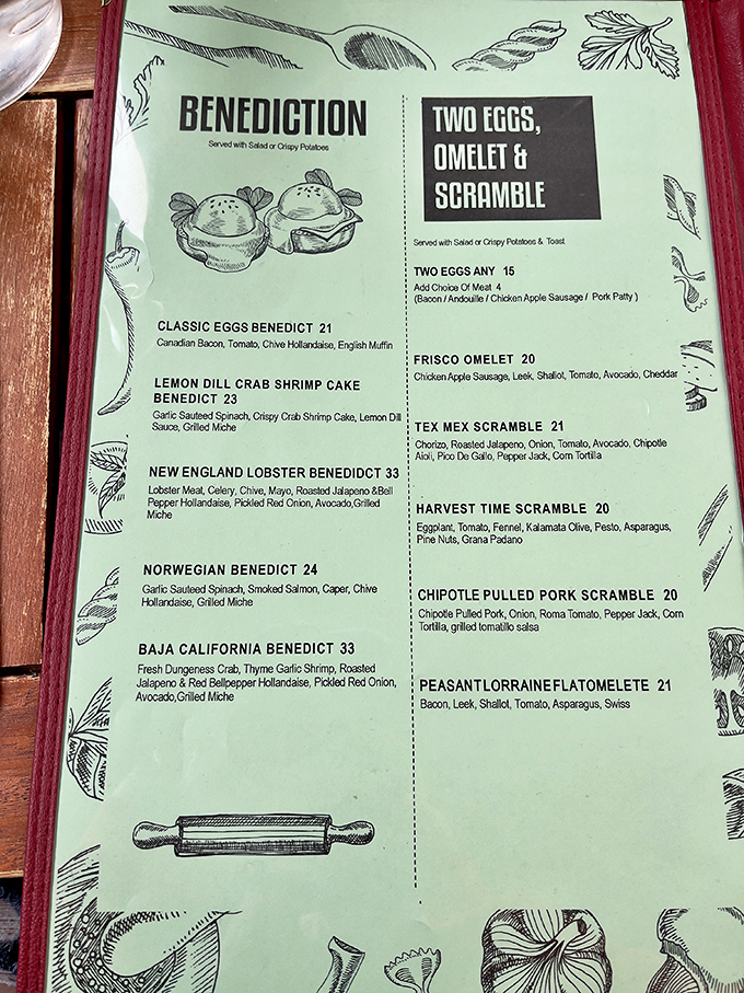 The "Benediction" section of Mymy's menu reads like sacred breakfast scripture, promising hollandaise-draped revelations for the faithful.