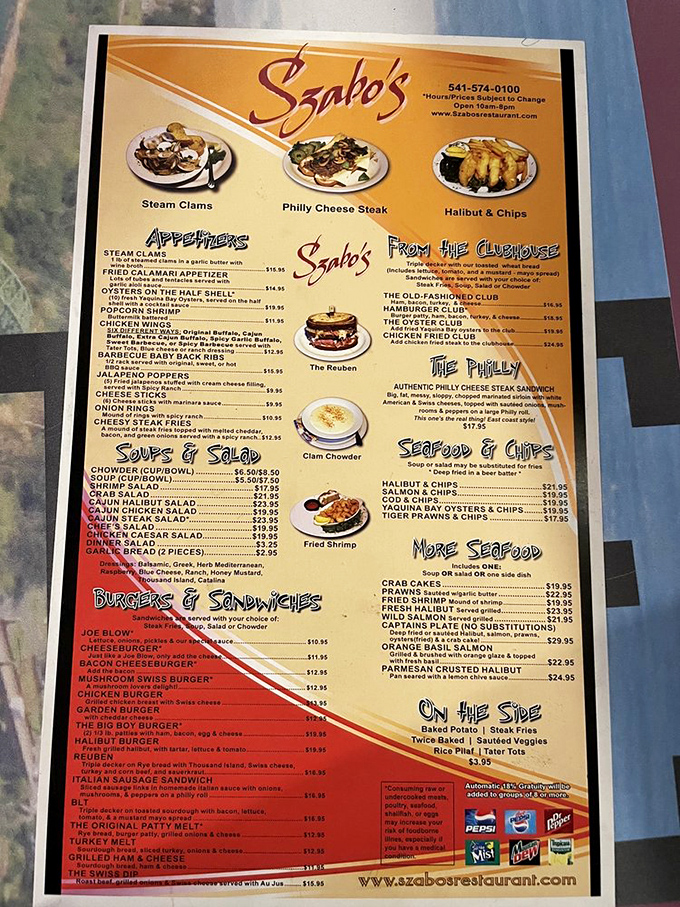 The menu at Szabo's reads like a love letter to carnivores and seafood enthusiasts alike. Decision paralysis has never been so delicious.