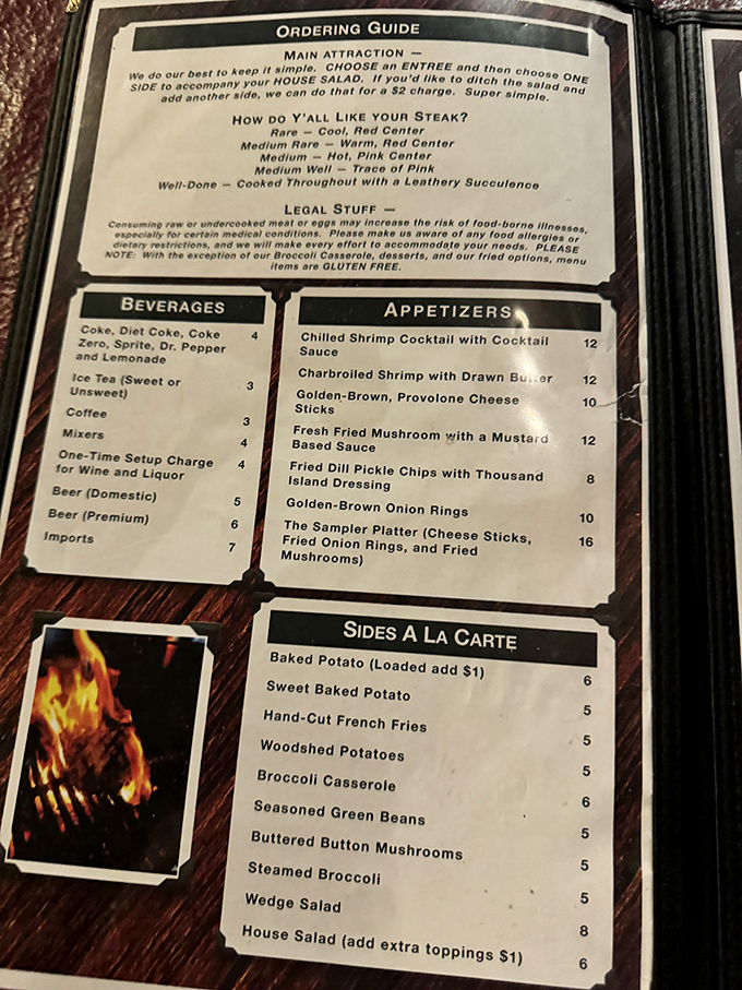 The menu reads like a love letter to simplicity, with that "leathery succulence" description of well-done steak serving as the politest warning ever written.