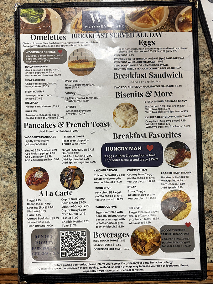 The menu reads like a love letter to American breakfast classics. Notice "Breakfast Served All Day"&mdash;four words that should be enshrined in the Constitution. P