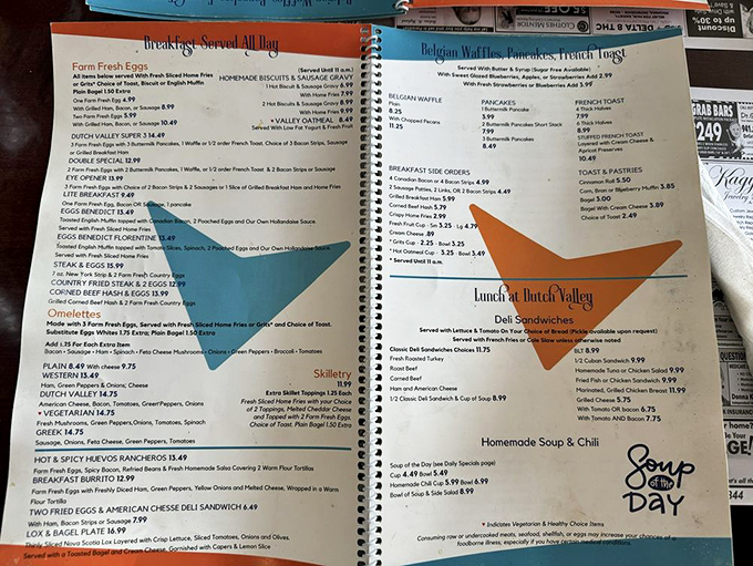 The menu reveals a treasure map of breakfast possibilities, with Belgian waffles rightfully claiming prime real estate on the page.