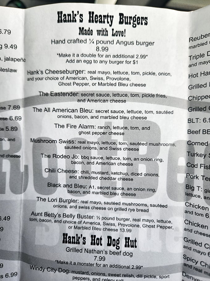 Hank's Hearty Burgers menu reads like a love letter to American comfort food&mdash;each option more tempting than the last.
