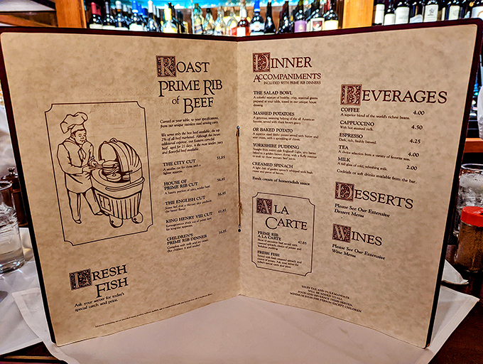 A menu that doesn't need updating because perfection is timeless. The illustrated chef seems to whisper, "Trust me with your appetite."