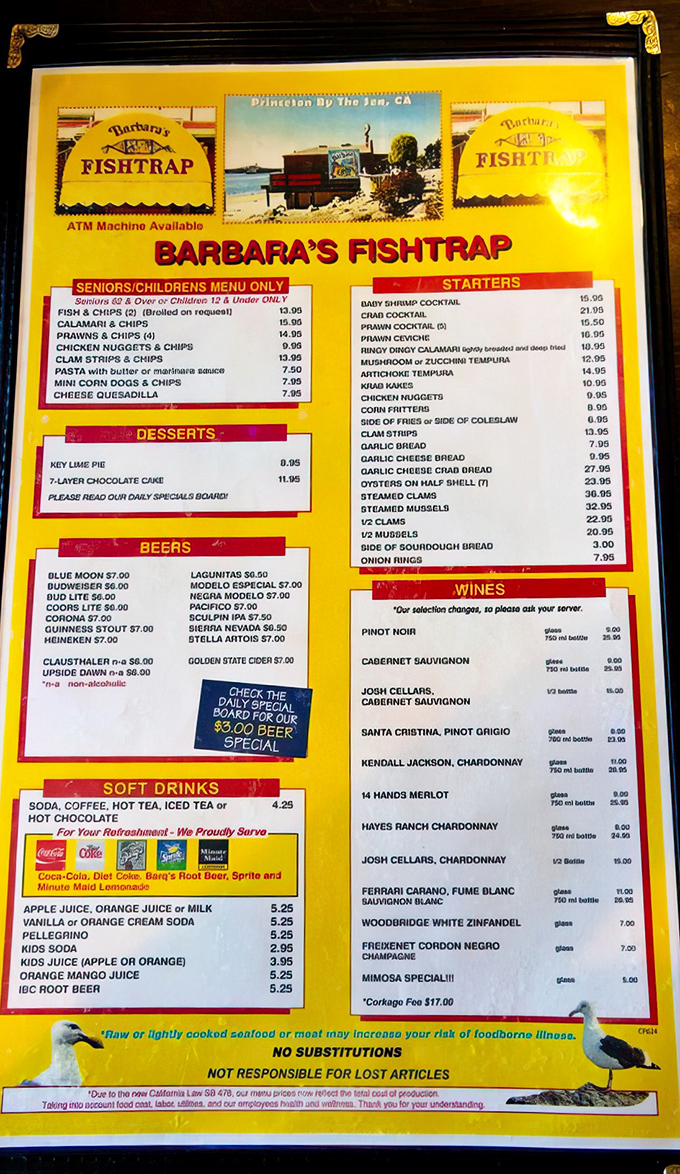 This sunshine-yellow menu is the treasure map to seafood nirvana. Pro tip: anything with the word "fresh" before it isn't just marketing&mdash;it's a promise.