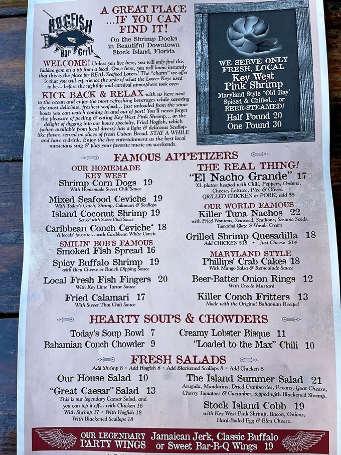 This menu reads like a love letter to seafood lovers&mdash;where "we serve ONLY fresh, local" isn't marketing speak but a solemn promise.