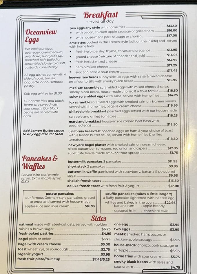 This menu isn't just food&mdash;it's a roadmap to happiness. The "Oceanview Eggs" section alone could solve most of life's problems.