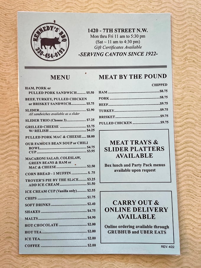 A menu that hasn't surrendered to trendy food fads. Just honest barbecue offerings that have kept locals coming back since 1922.