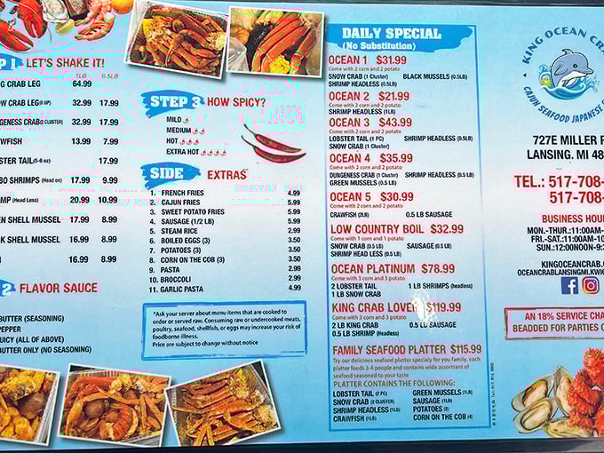 The menu reads like a coastal dream sequence. Pick your seafood, choose your spice level, and prepare for delicious decisions.