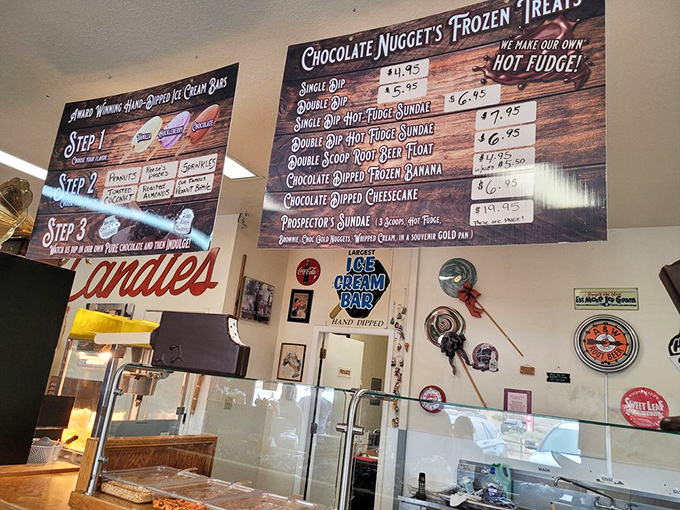 The menu board promises frozen delights with names like "Prospector's Sundae" &ndash; because after striking gold in flavor, who needs actual mining?