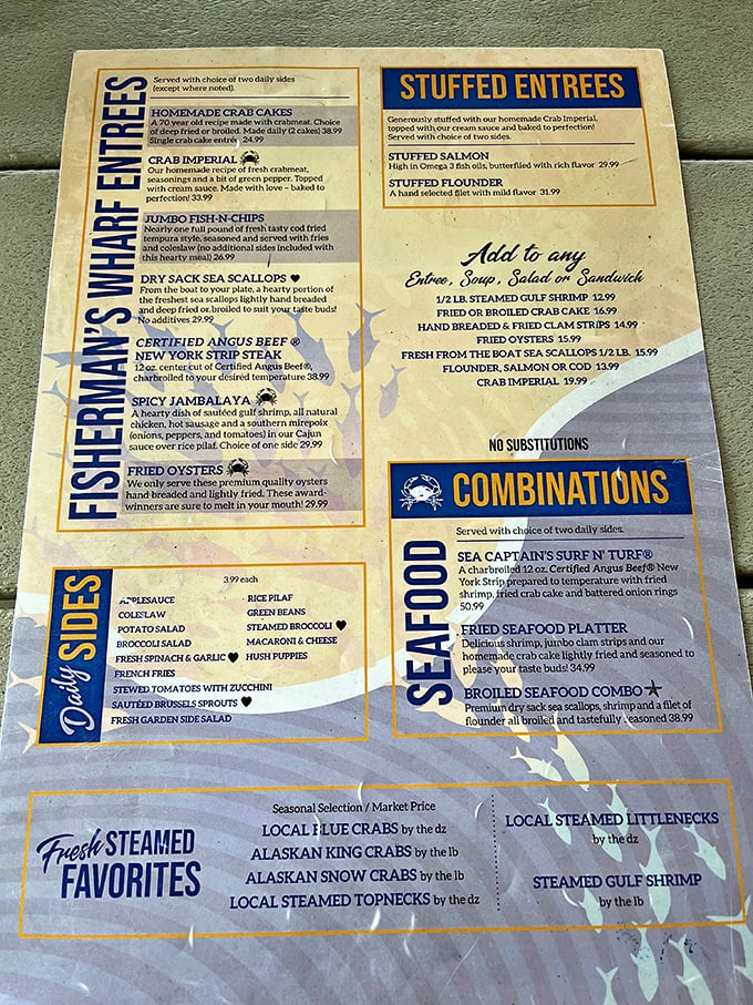A menu that reads like Neptune's personal cookbook. Each Fisher's Wharf Entr&eacute;e promises oceanic delights that would make Poseidon jealous.