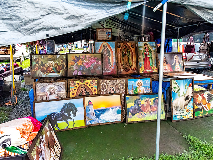 Religious iconography meets Americana art in this colorful vendor display. Where else can you find Jesus and horses sharing shelf space?