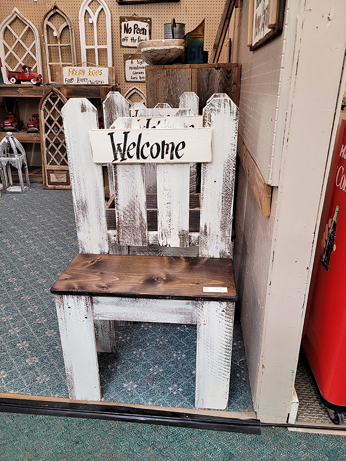 "Welcome" indeed! This charming rustic chair isn't just furniture&mdash;it's someone's next conversation piece waiting to find its forever home.