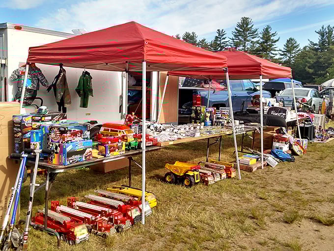 Childhood nostalgia on full display! Vintage toy trucks lined up like a parade of memories under the watchful New Hampshire sun.
