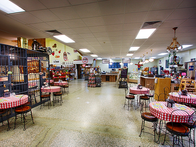 The caf&eacute;'s red-checkered tablecloths aren't just decoration; they're an invitation to rest your feet and contemplate your growing shopping list.