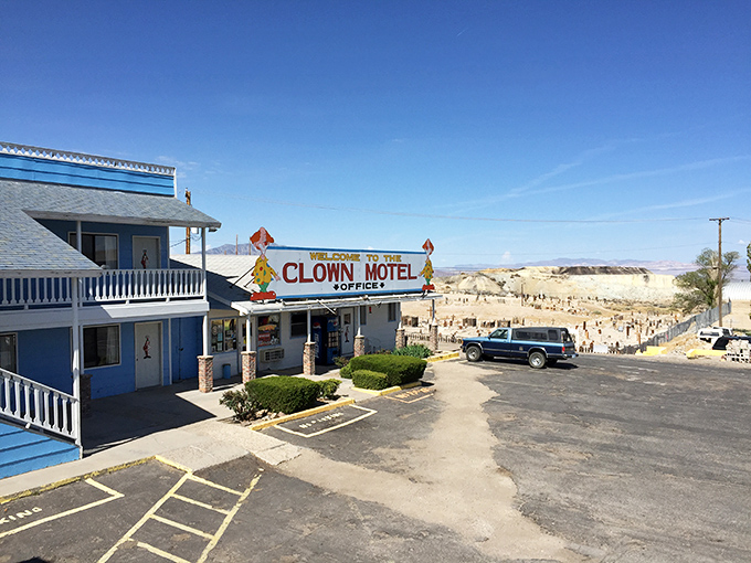 The infamous Clown Motel stands proudly against the desert backdrop, offering brave souls a night of either sweet dreams or spectacular nightmares, depending on your relationship with painted smiles.