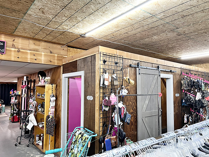 Rustic wooden walls and sliding barn doors transform what could be ordinary retail into something with genuine character&mdash;like shopping in a stylish country cabin.