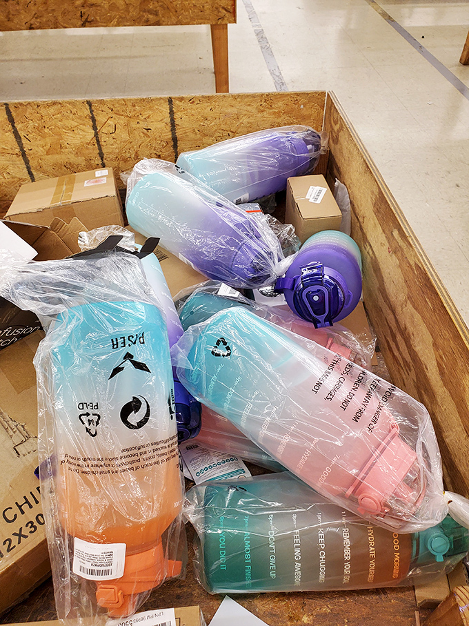 A colorful collection of water bottles waiting for their forever homes. Like dating profiles for hydration&mdash;each one unique, practical, and ready for commitment.
