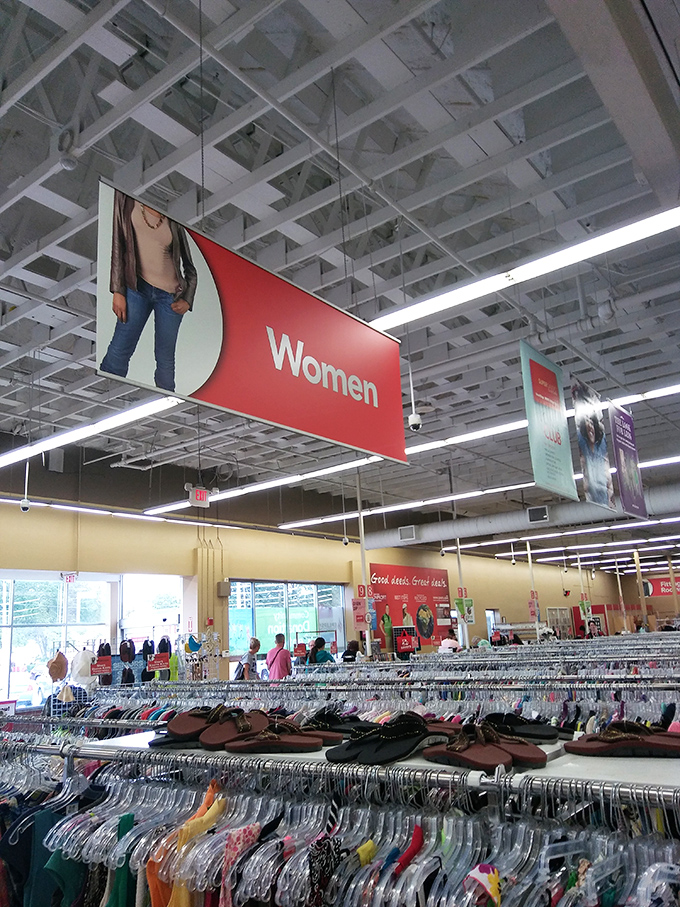 The women's section: a color-coded safari where designer labels occasionally hide among everyday offerings like diamonds in a coal mine.