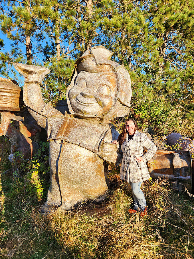 Size matters at this fiberglass wonderland. This weathered knight stands guard over his forgotten kingdom, towering over visitors like a sentinel from a bygone roadside era.