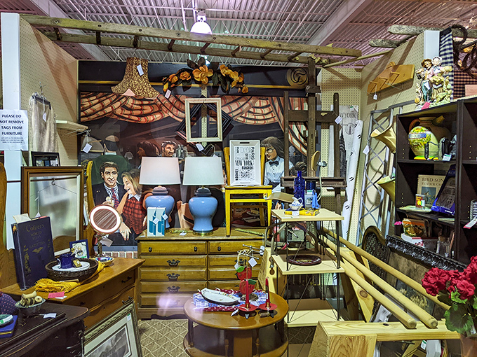 A perfectly curated booth where every item tells a story. That dining set has hosted more family dinners than your favorite sitcom.