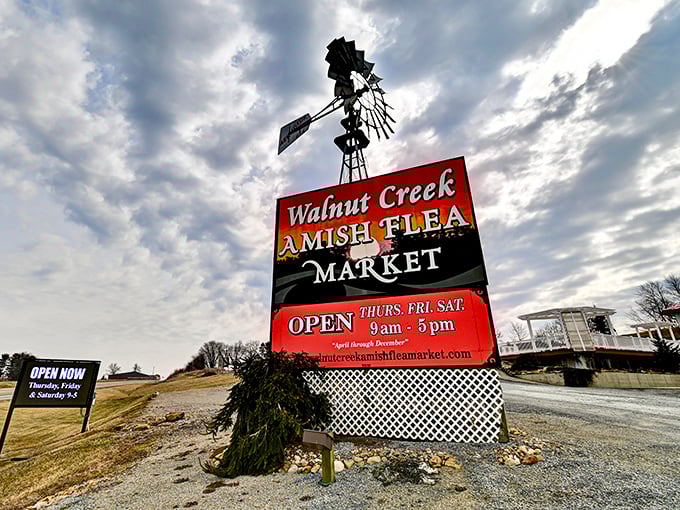 That classic windmill sign against the Ohio sky isn't just decoration&mdash;it's practically winking at you, promising adventures in bargain hunting.
