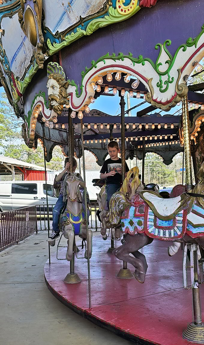 Nostalgia spins round and round on this vintage carousel, where painted horses gallop in place while children create memories that last longer than the ride.