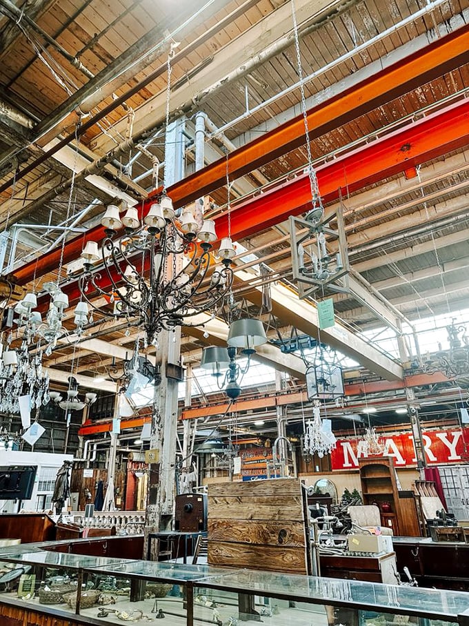 Chandeliers dangling like elegant stalactites from the industrial ceiling&mdash;where else can you find lighting that's both warehouse-chic and palace-worthy in the same breath?