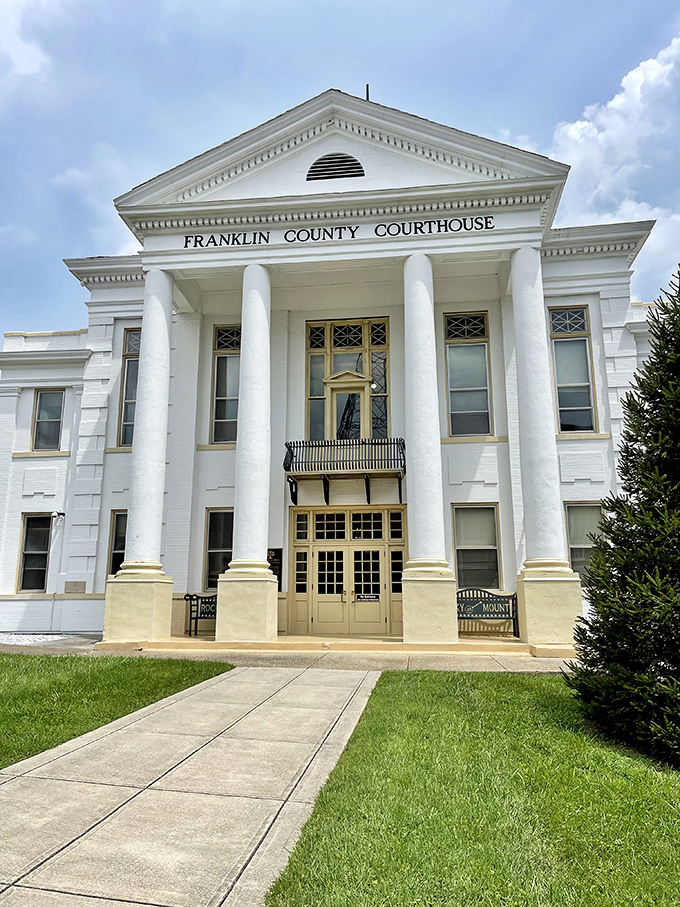 The Franklin County Courthouse stands proud with its gleaming white columns, a stately anchor in this Blue Ridge town.