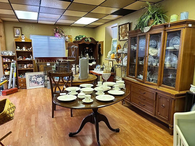 Grandma's china cabinet has nothing on this elegant display. These dishes have served more family stories than Sunday dinners.