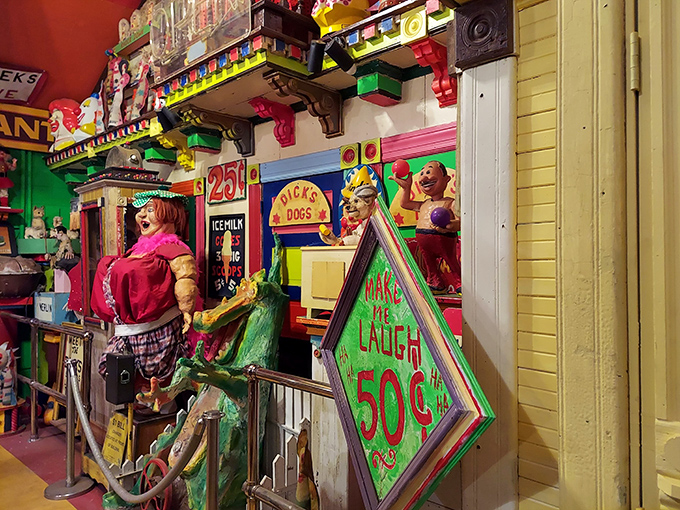 The "Make Me Laugh" booth promises 50-cent giggles, but the real value is in the flood of childhood memories that come absolutely free.