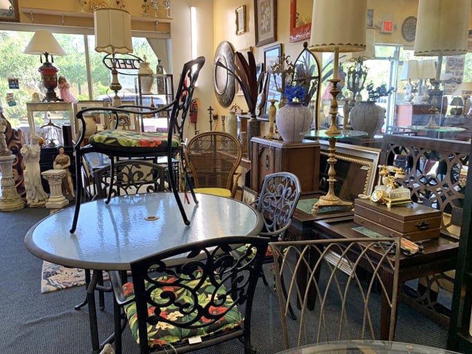 Vintage lamps and decorative pieces create an enchanting display that would make any antique lover's heart skip a beat.