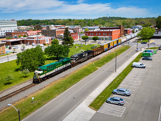 A freight train rolls through the heart of Pulaski, a living reminder of the railroad heritage that shaped this charming Virginia town.