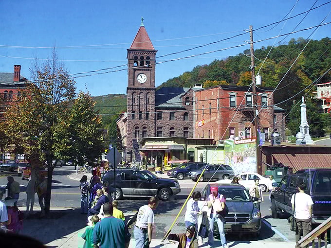 Downtown Jim Thorpe's clock tower stands sentinel over the bustling square. Time seems to move differently here, and that's entirely the point.