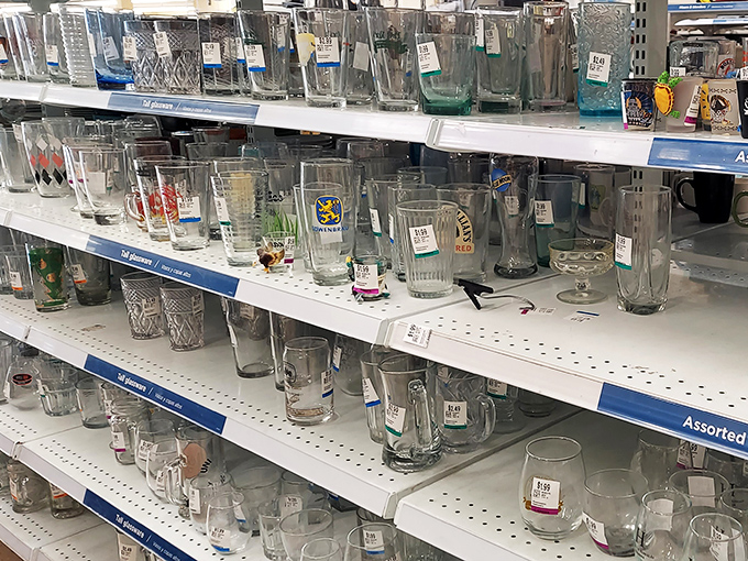 Each glass tells a story&mdash;from corporate retreats to forgotten weddings. This shelf is basically a museum of American drinking culture.