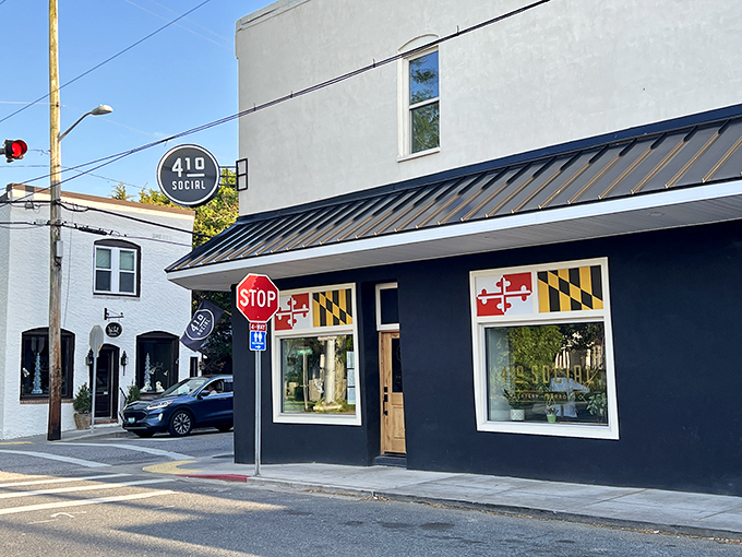 The 410 Social's navy blue facade and Maryland flag windows announce proudly: "Yes, we're cool, and yes, we absolutely know it."