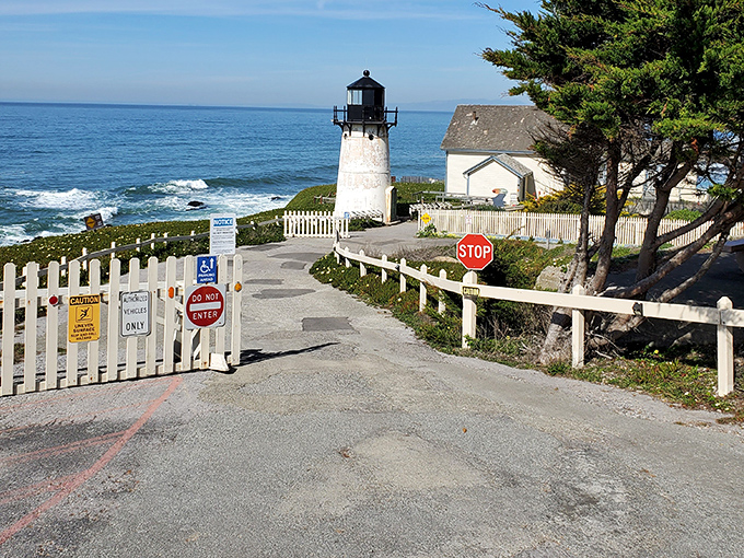 This entrance says "halt" to ships at sea and "welcome home" to weary travelers. The contrast between warning sign and inviting path perfectly captures the lighthouse's dual identity.