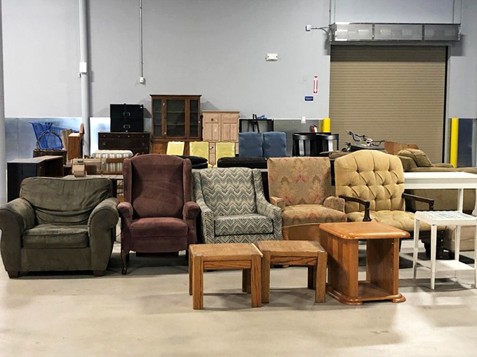 A living room furniture lineup that would make HGTV hosts swoon. One person's castoff becomes another's conversation piece.