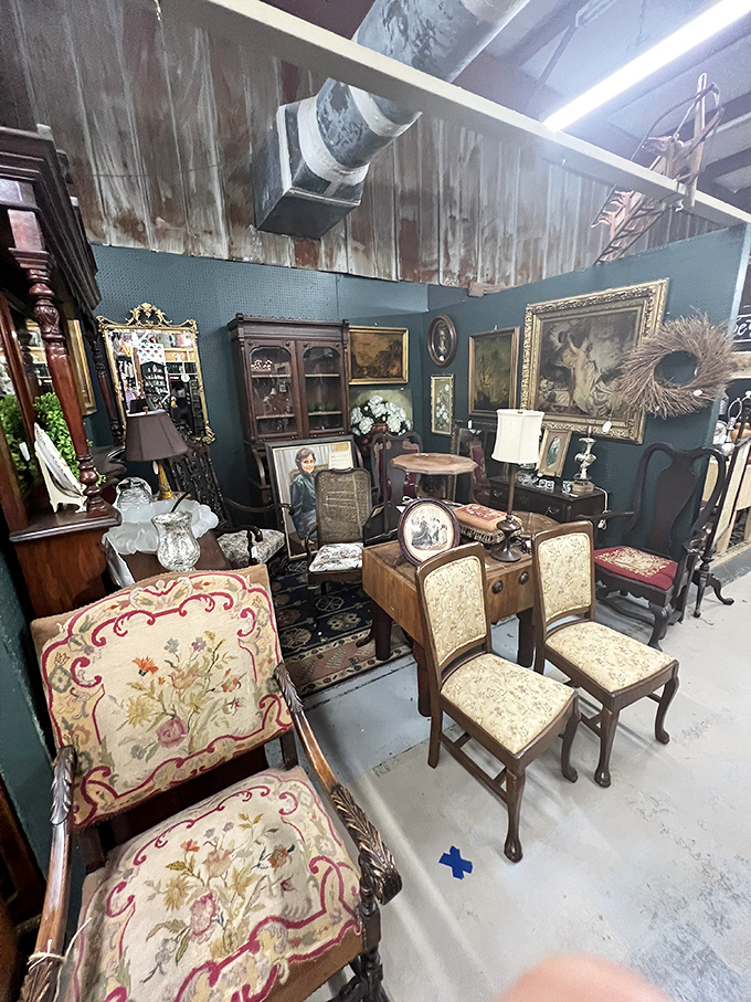 Step into this elegantly staged booth and you might forget you're shopping, not time-traveling to a Victorian parlor. Those tapestry chairs have stories to tell.
