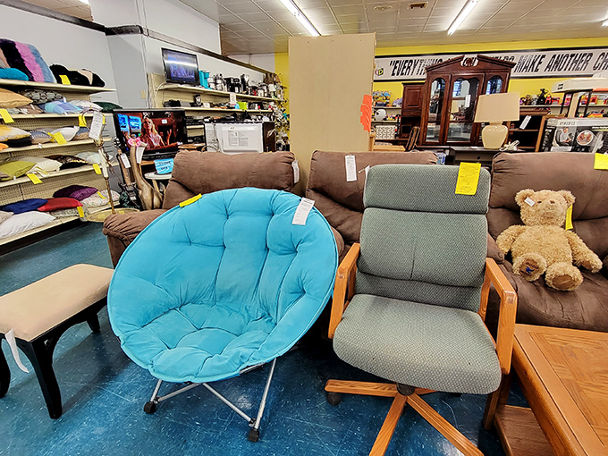 The furniture section: where that turquoise papasan chair isn't just seating&mdash;it's your next conversation starter. Mid-century modern meets millennial blue!