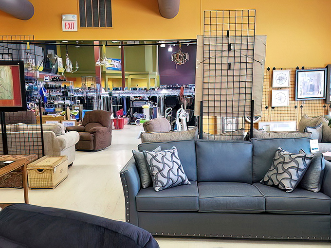 The furniture section showcases sofas that still have stories to tell. That blue beauty could transform your living room for less than a fancy dinner out.