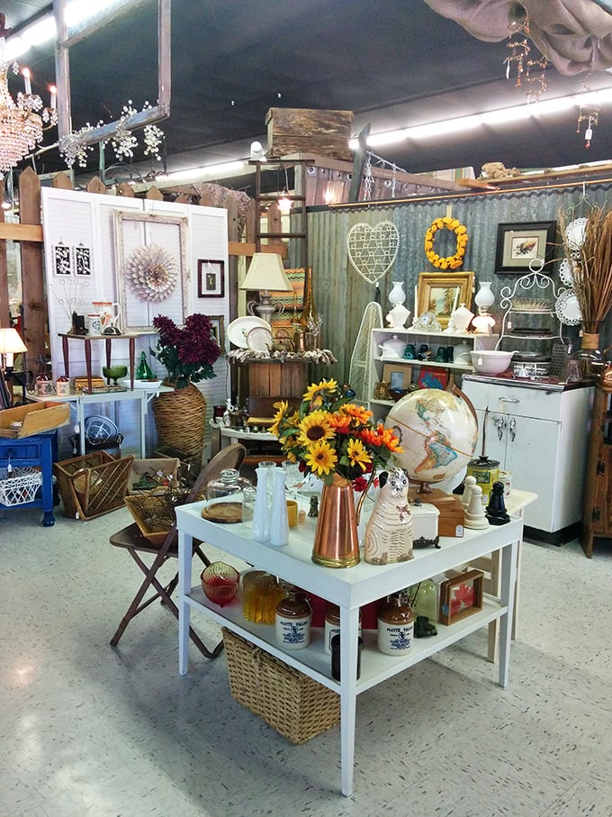 Every table tells a story at Trends. Sunflowers in copper pitchers, vintage globes, and ceramic cats create vignettes that spark imagination and nostalgia.